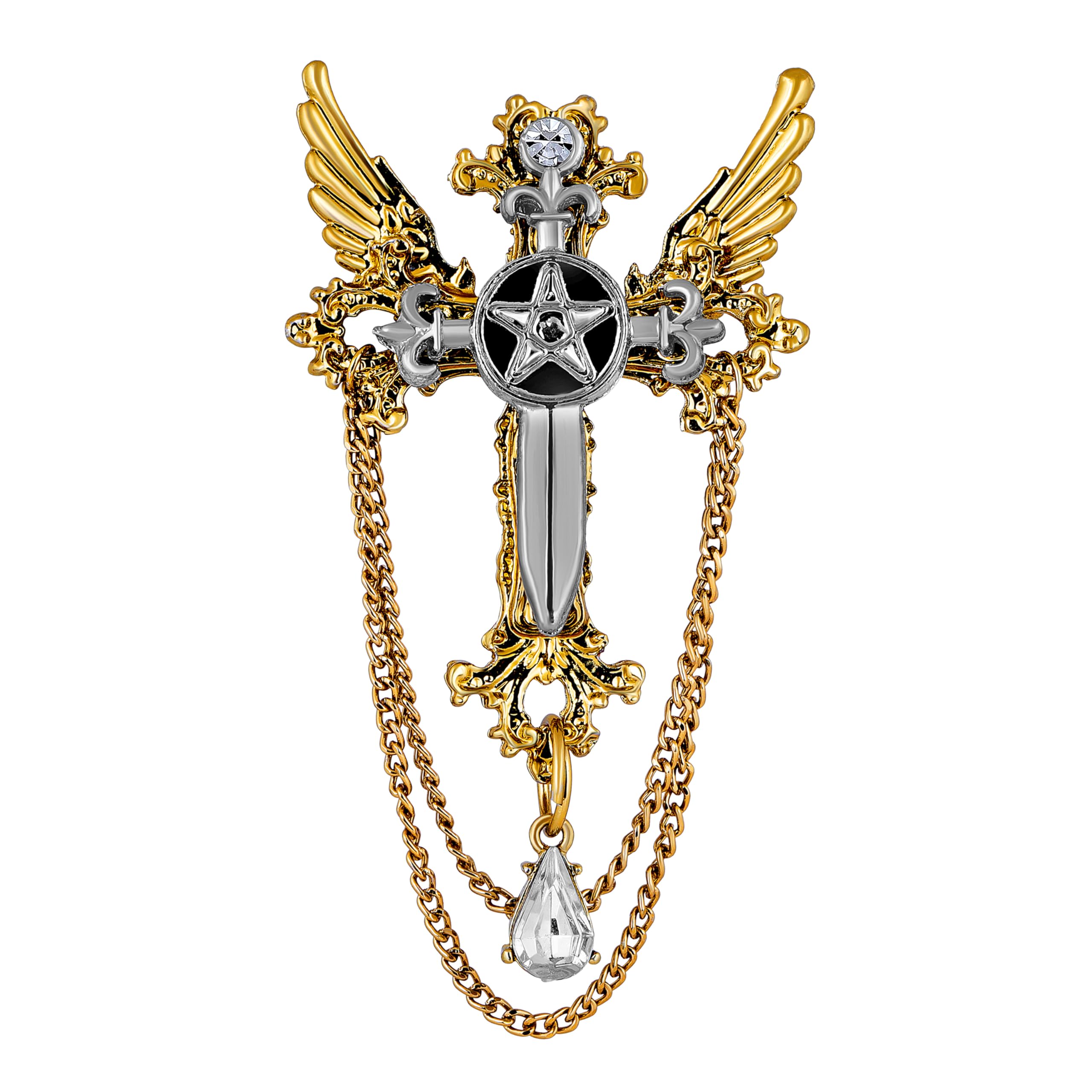 Mahi Black Cross and Wings Hanging Chain Sherwani Brooch with Crystal ...